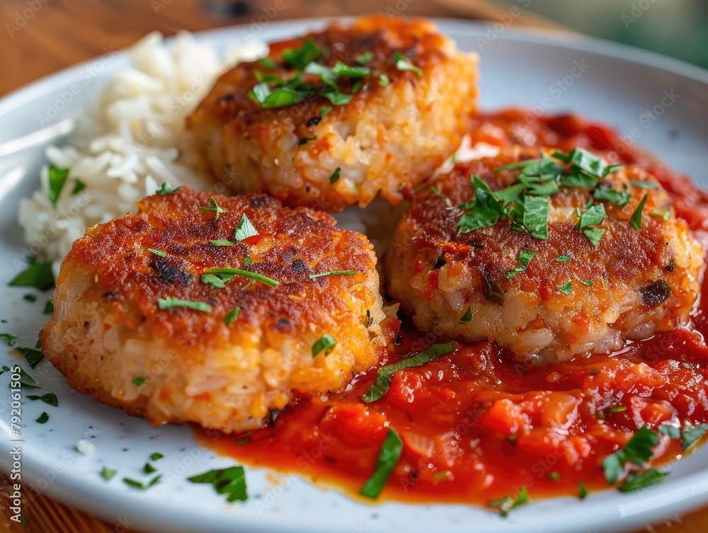 Delicious rice and chicken meat patties served with garlic tomato sauce ...