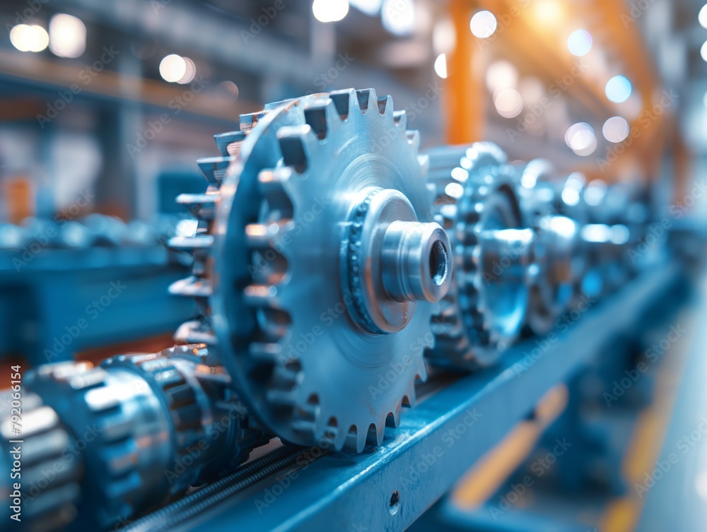 A row of gears are lined up on a blue metal surface. The gears are all ...