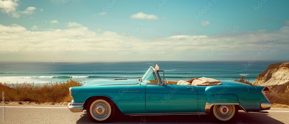 Color vintage stock photo of a classic convertible cruising down a ...