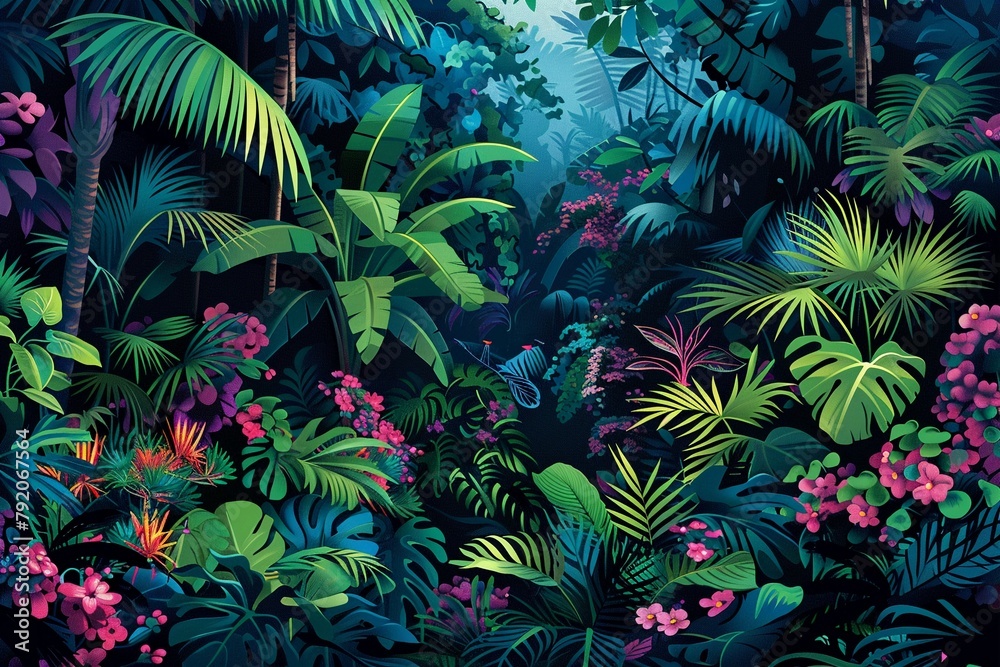 Detailed vector illustration of a lush rainforest, rich in flora and ...