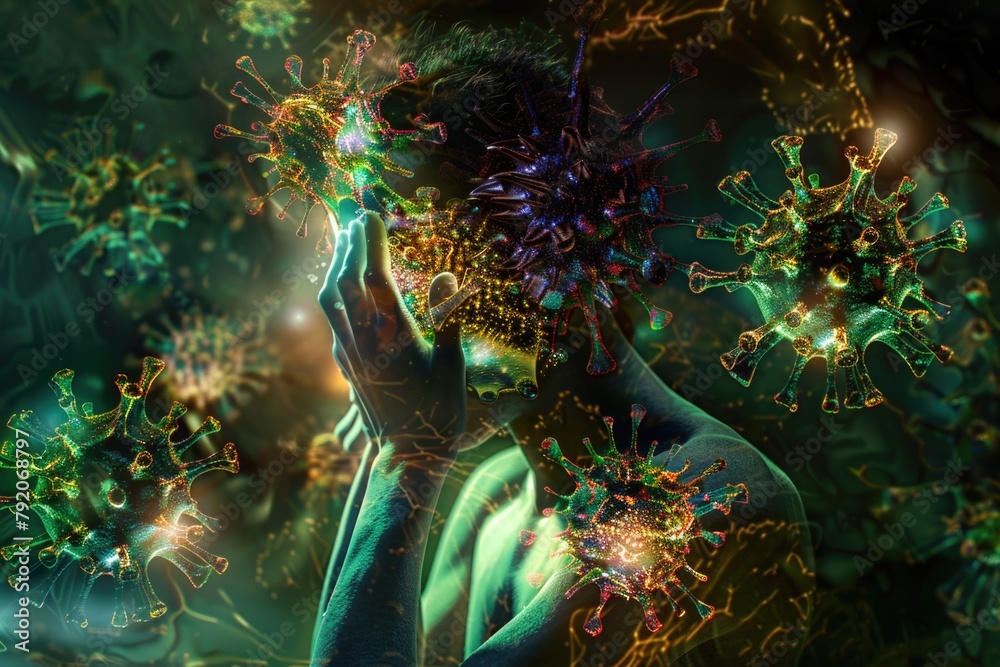 Digital artwork of a human figure overwhelmed by vividly depicted ...