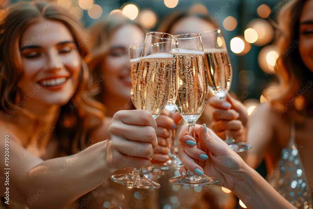 Champagne Sparkling wine Prosecco is poured into Glasses afterward and ...