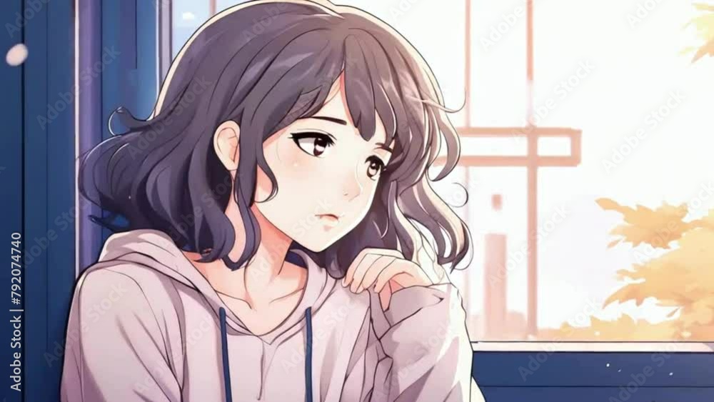 Anime girl is contemplating with a sad face near the window. for lofi ...