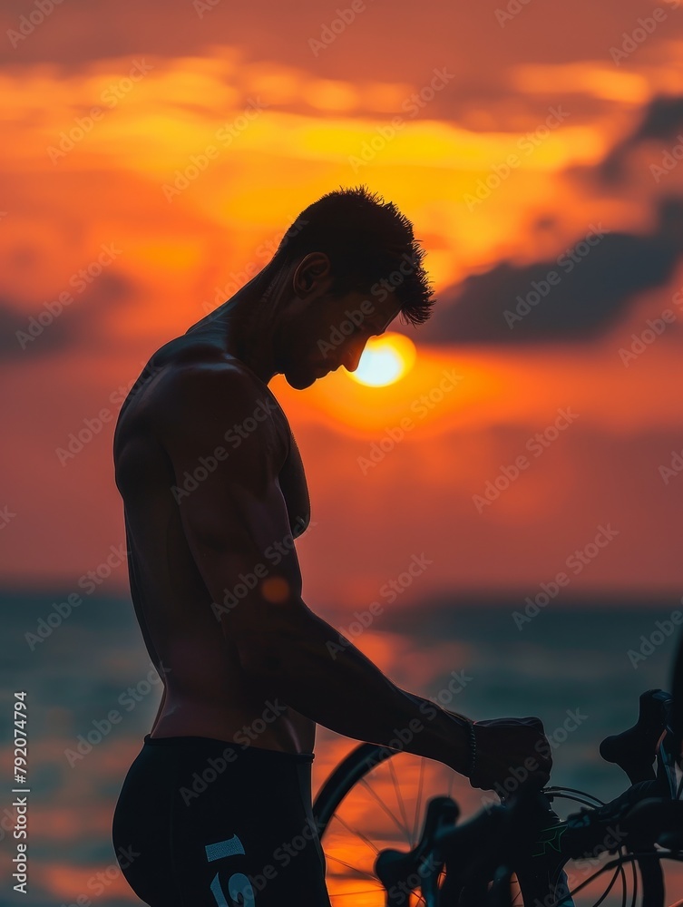 A muscular white man is gearing up for a triathlon in a competitive ...
