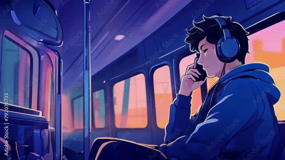 POV listening music in subway train lo fi animated cartoon background ...