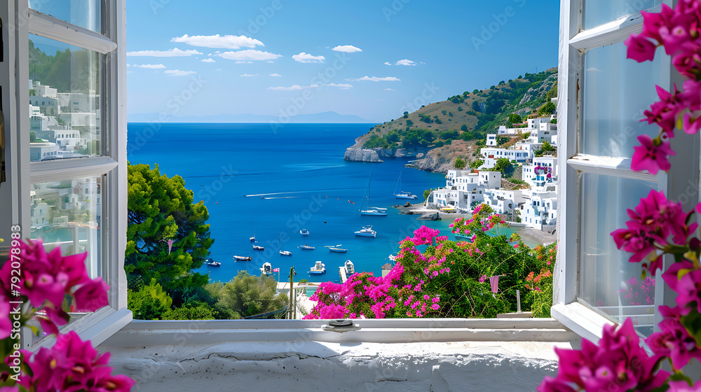 The focal point is an open window with two panes, allowing an ...