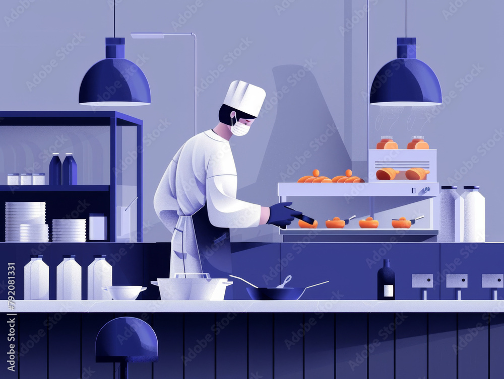 Vector illustration of a cannery worker processing food in a kitchen ...