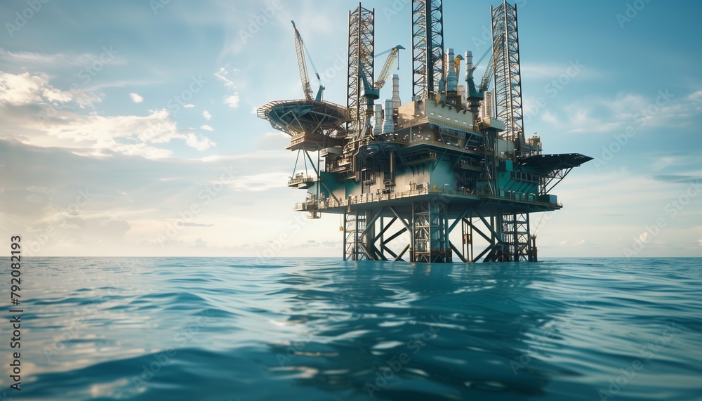 Floating in the cerulean embrace of the ocean, an oil rig's complex ...