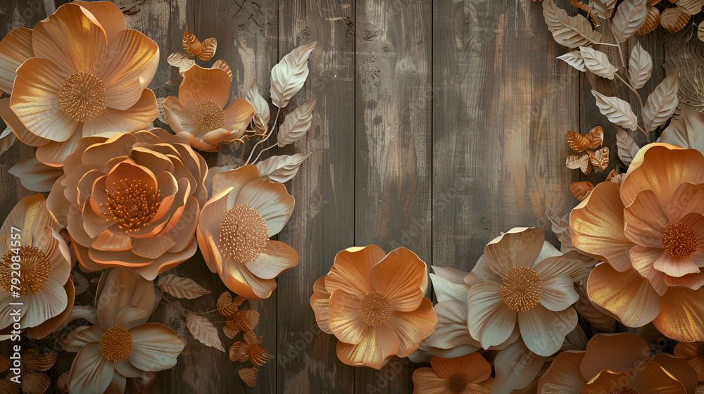 fondo de flores cálidas con fondo de madera tonos dorados y cafés ...