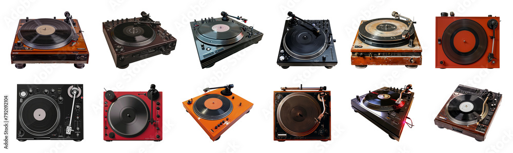 Vintage and modern turntables with vinyl records cut out png on ...