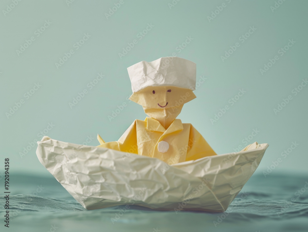Origami ship captain smiling on a paper boat against a turquoise ...