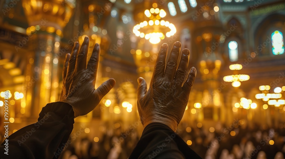 Muslim clergy with hands up praying inside of Holy Shrine of Imam ...