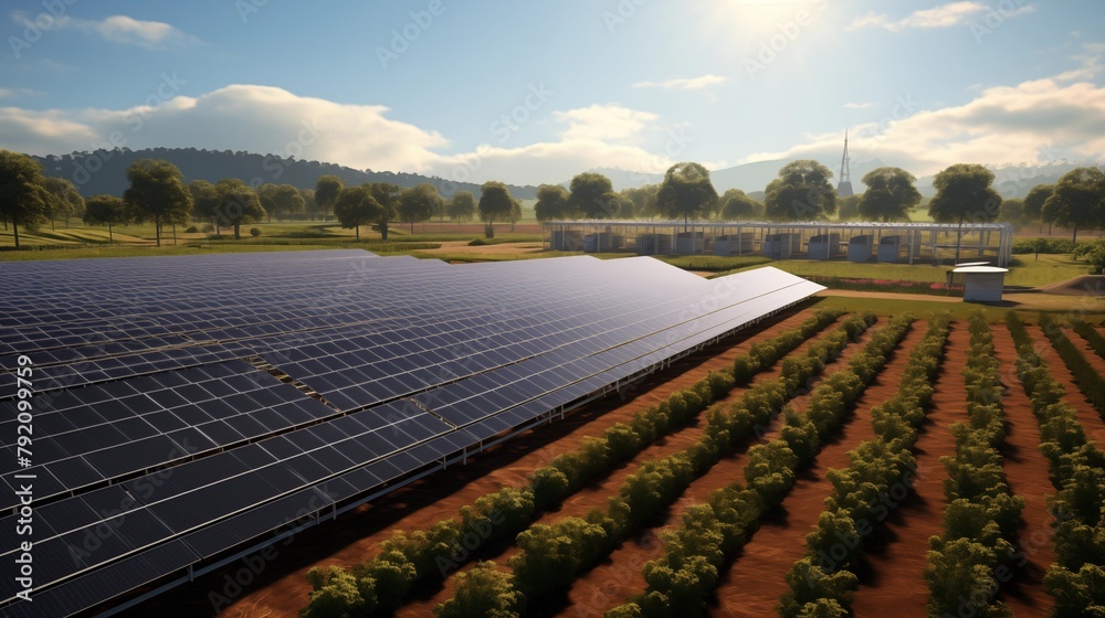 Farmland enhanced with agrivoltaics, where solar panels are ...