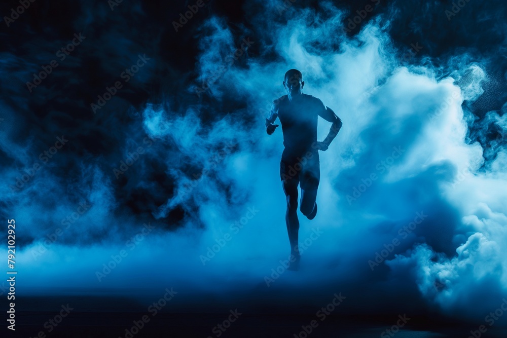 athlete running on a smokey dark background, a man running on a smokey ...