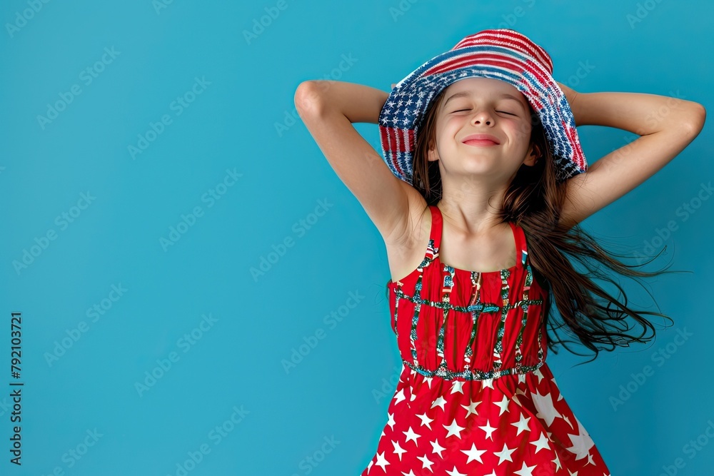Happy Dancing Girl Dressed for the Fourth of July on a Blue Background ...