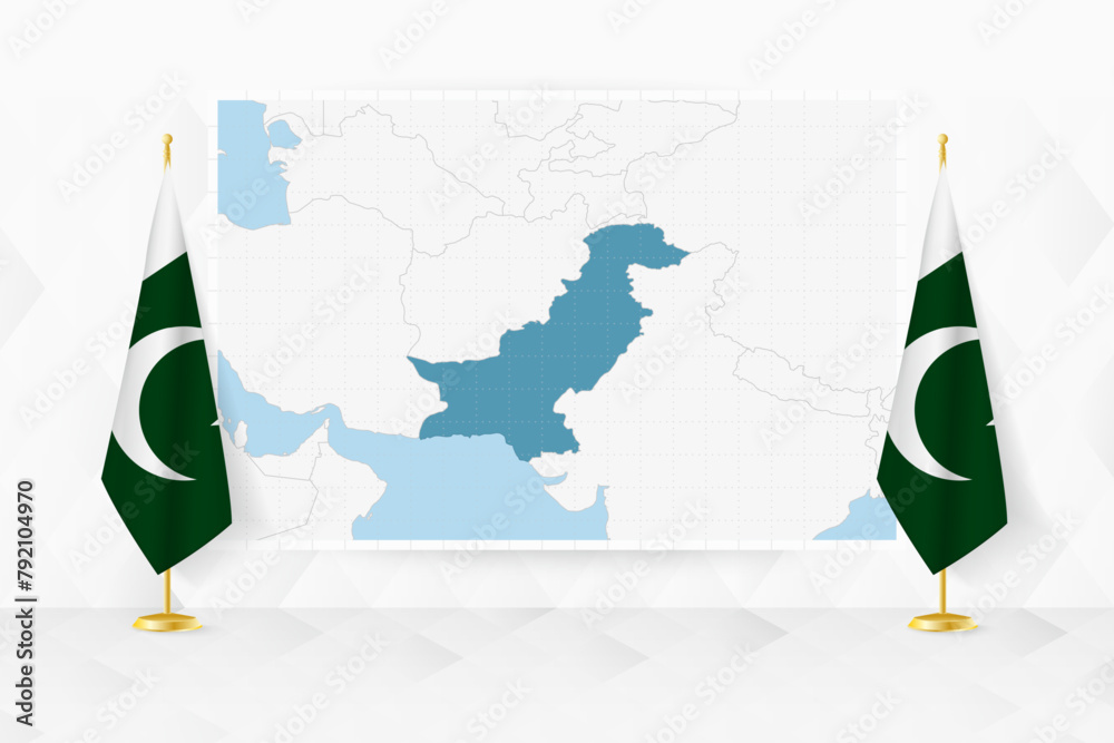 Map of Pakistan and flags of Pakistan on flag stand. Stock Vector ...