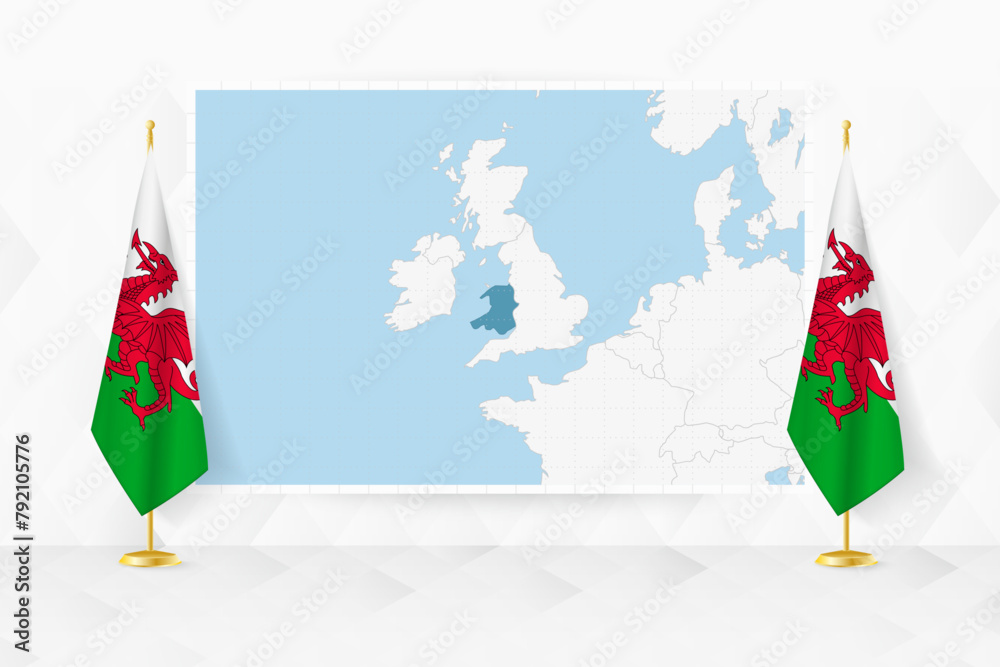 Map of Wales and flags of Wales on flag stand. Stock Vector | Adobe Stock