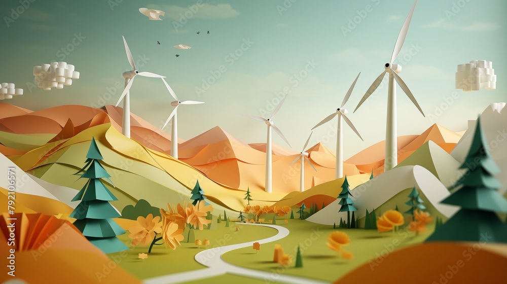 Paper art , renewable energy with green energy as wind turbines ...