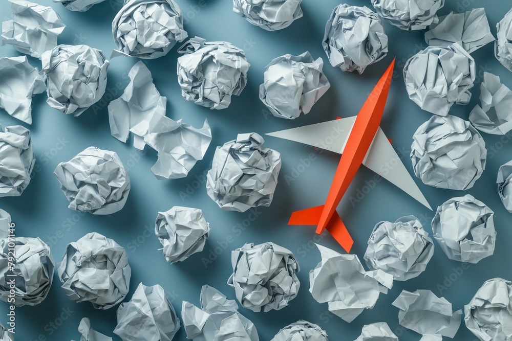 Paper plane passes through the crumpled paper balls top view Stock ...