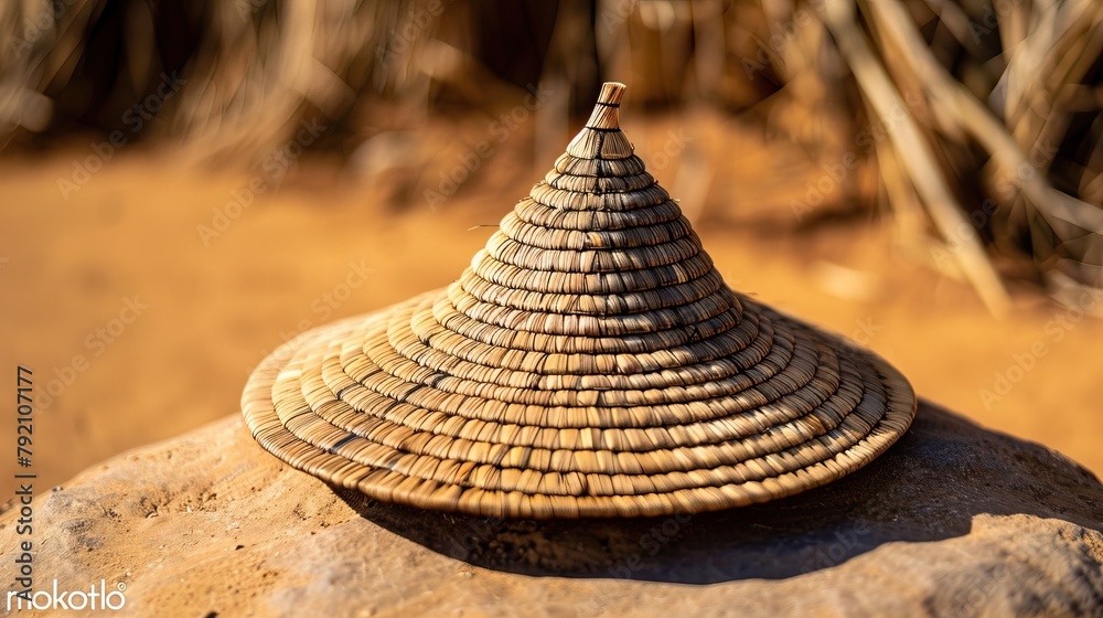The traditional Basotho grass-works made hat, called "mokorotlo". It is ...