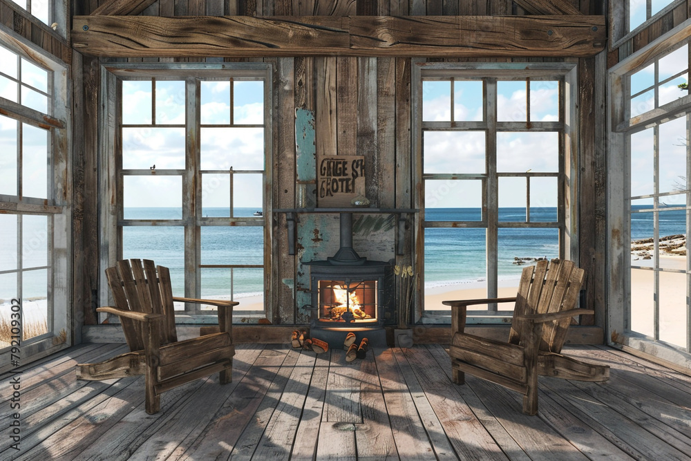 Rustic beach cabin with a cozy fireplace and large windows framing the ...