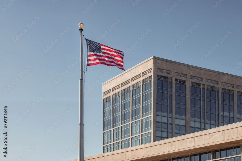 The image shows a modern architectural building with a large American ...