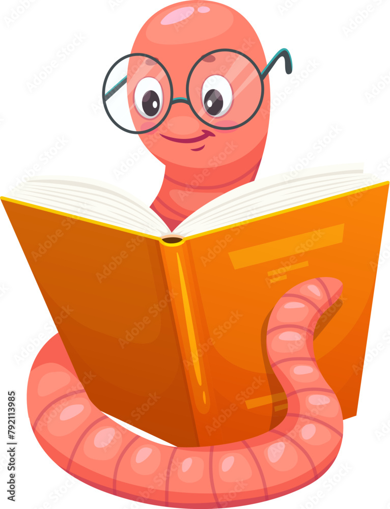 Vetor de Cartoon bookworm character reading book, vector worm in ...