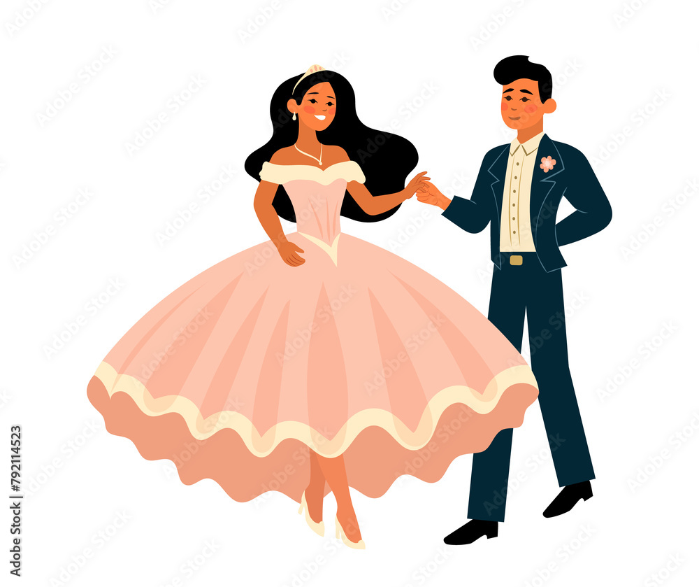 Ilustración quinceañera bailando con chambelán en su fiesta de quince ...