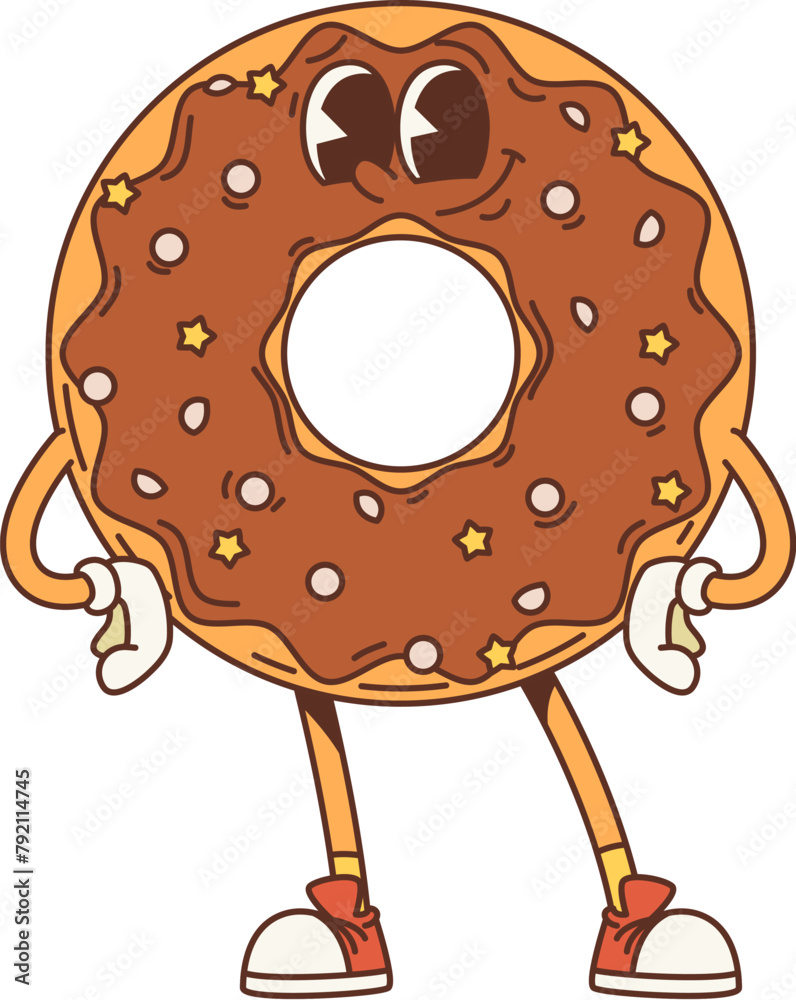 Cartoon retro appetizing donut groovy character or funky pastry dessert ...