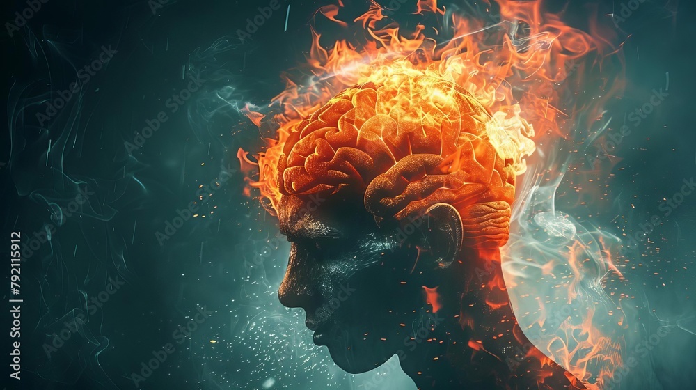 abstract human brain neurology concept burning head symbolizing stress ...