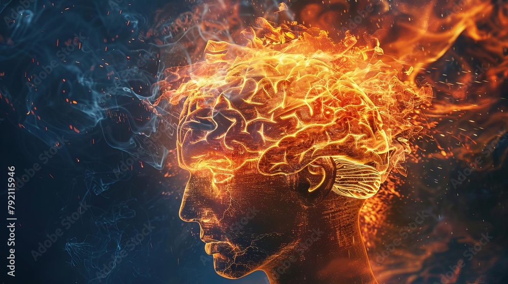 abstract human brain neurology concept burning head symbolizing stress ...