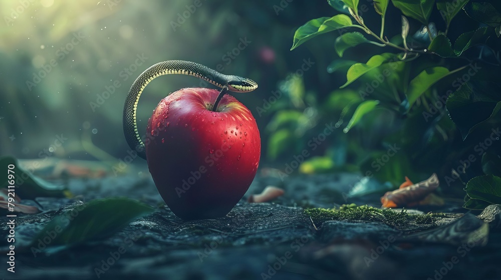 forbidden fruit concept with serpent coiled around red apple adam and eve theology mythology ...