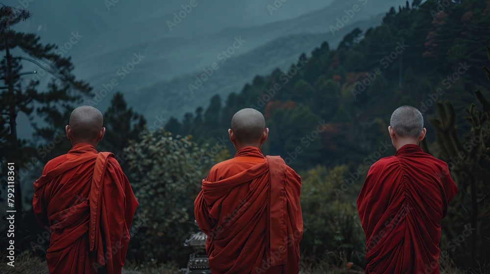 Bhutan, four monks standing side by side, hands clasped, Backview ...