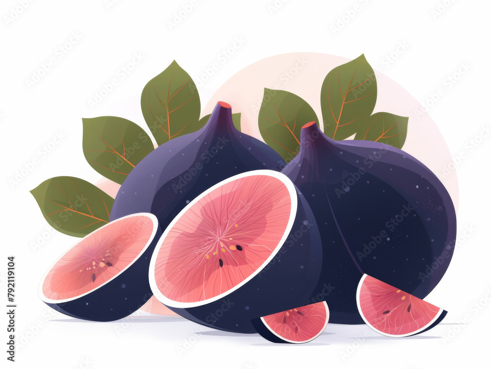Stylized vector illustration of ripe figs with leaves on a white ...