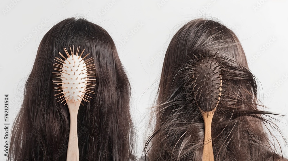 Closeup before-after unhealthy messy hair and clean brush healthy ...