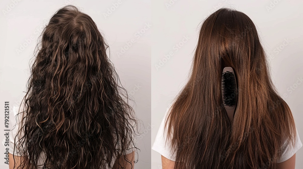 Closeup before-after unhealthy messy hair and clean brush healthy ...