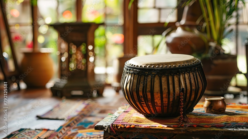 ethnic musical instrument tabla in the interior of the chill-out Stock ...