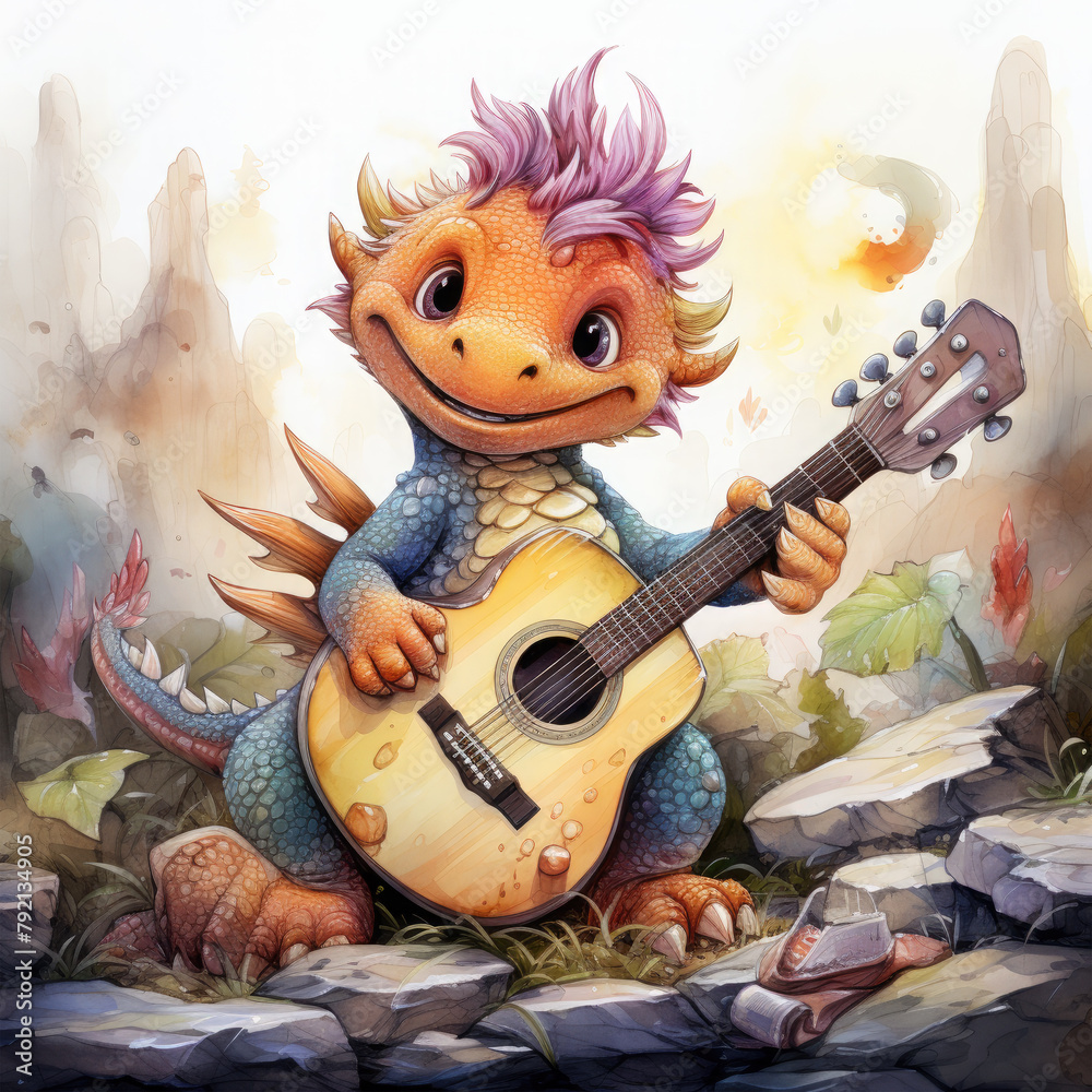 Watercolor Dragon playing guitar, clipart Illustration, Generative Ai ...