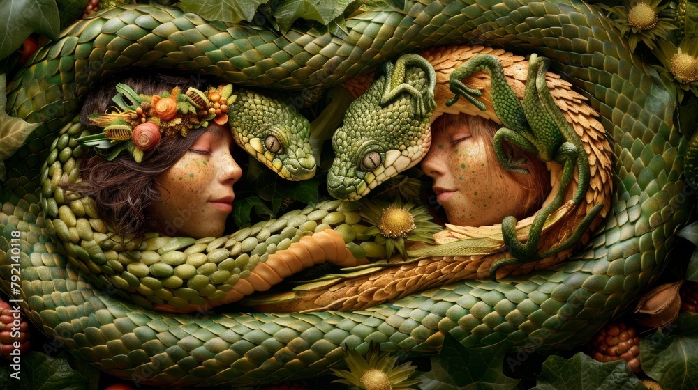 A surreal painting depicting two women surrounded by a writhing mass of ...