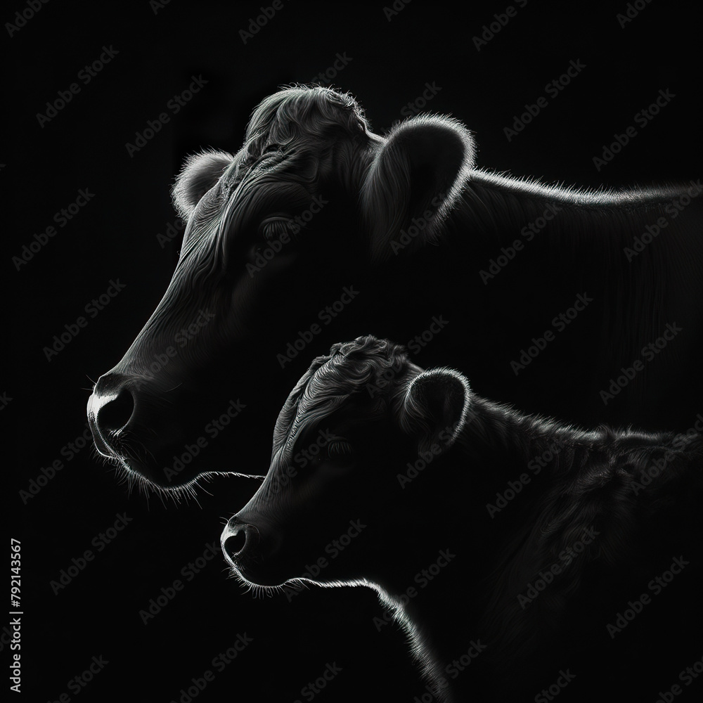 Black background Rim light a Cow mother and her baby in profile ...