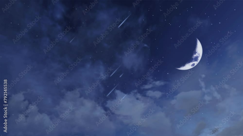 Dreamlike starry night sky with fantastic large half moon and falling ...