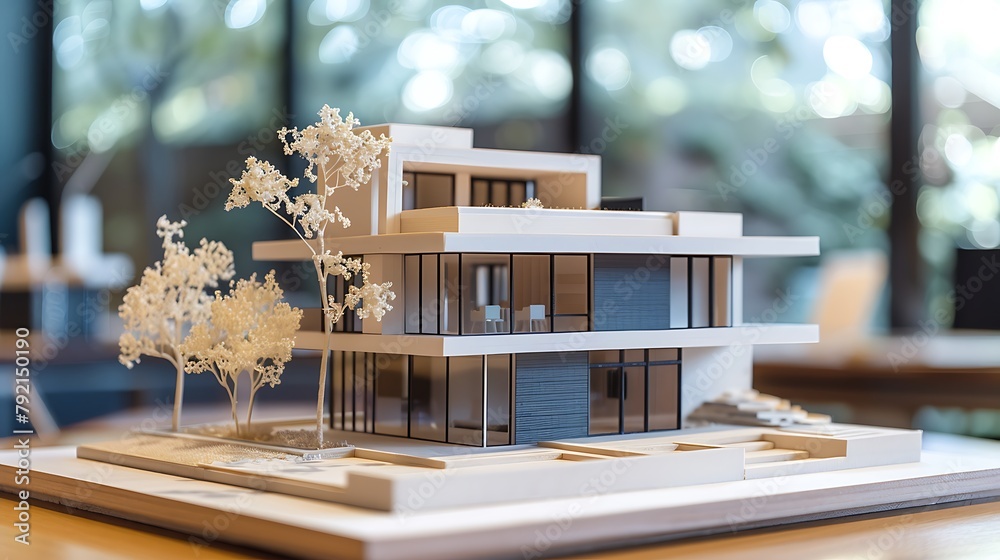Modern Architectural Model of House on Table with Blurred Office ...