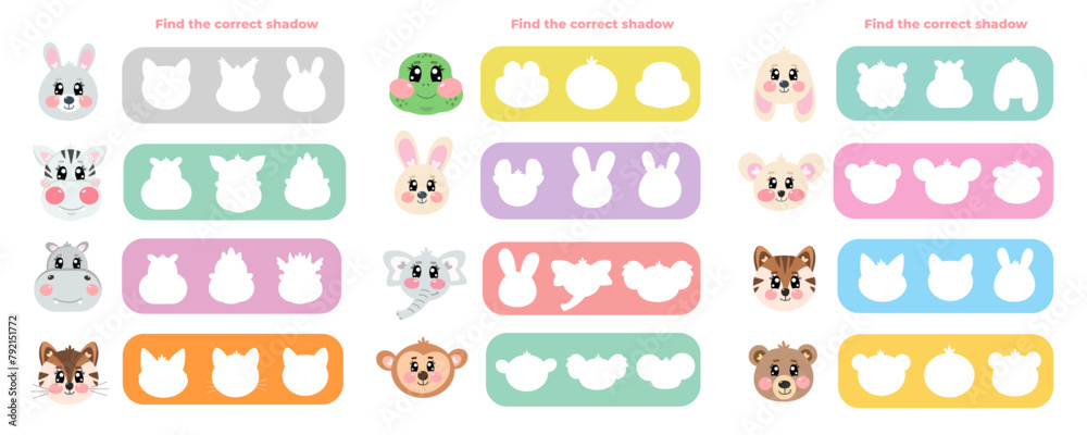 Find the correct shadow of funny kawaii characters mouse, zebra, hare ...