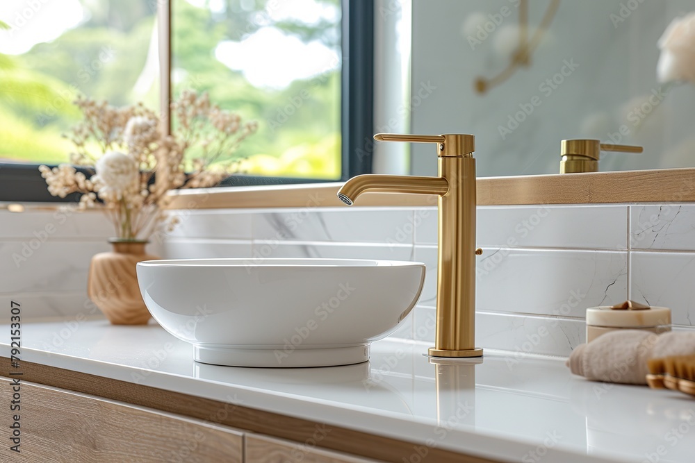 Brushed brass tap mixer on timber vanity with white basin bowl against ...