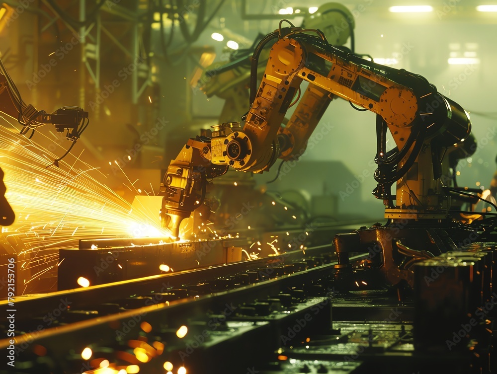 Robotic welding in a high-tech factory, laser beams and traditional ...