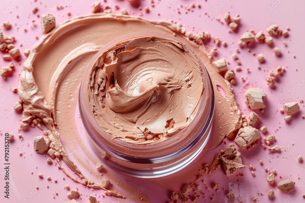 A jar of makeup sits atop a soft pink surface, showcasing its vibrant ...
