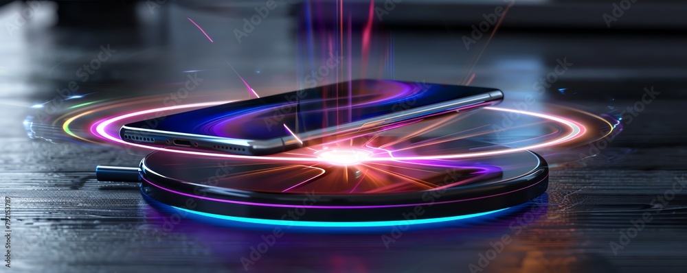 Wireless charging technology setup showing electromagnetic induction, a ...
