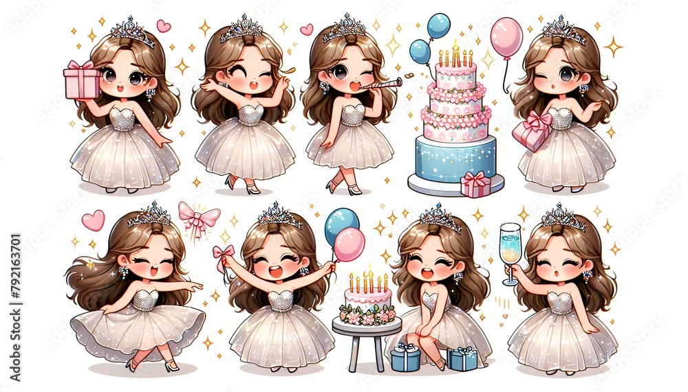 A collection of charming illustrations depicting a princess-themed ...