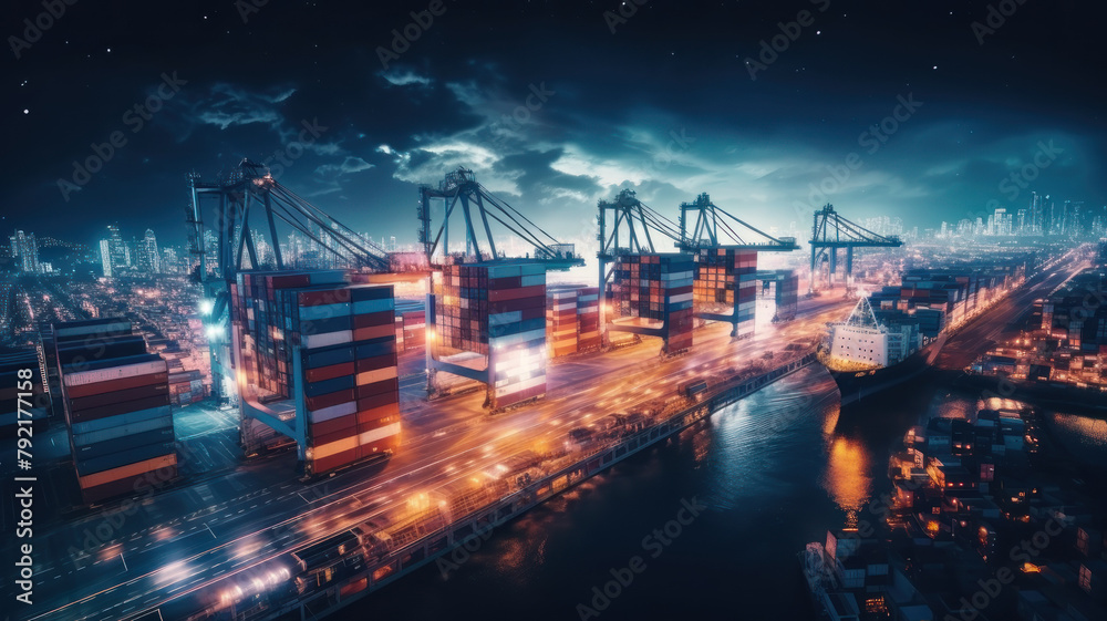 Container ship unloading in deep sea port, Aerial business commercial ...