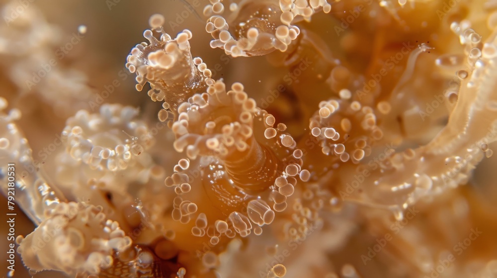 A microscopic view of a tiny sea creature covered in sticky brown algae ...